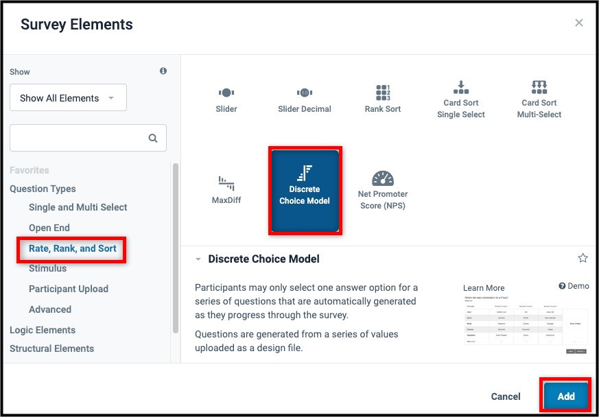 Discrete Choice Model (DCM) Conjoint Element – Surveys