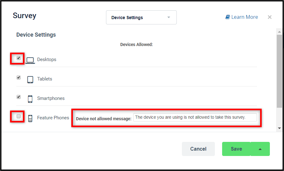 Device Settings – Surveys